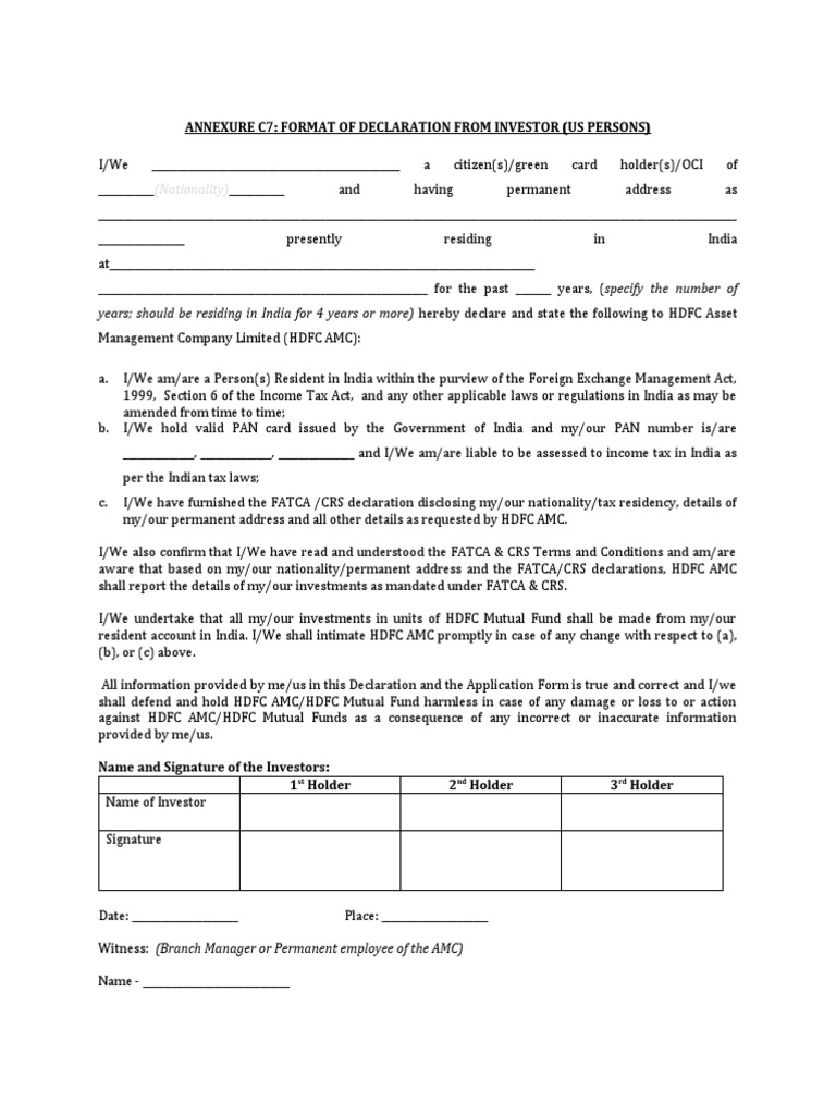(Nationality) : Annexure C7: Format of Declaration From Investor (Us ...