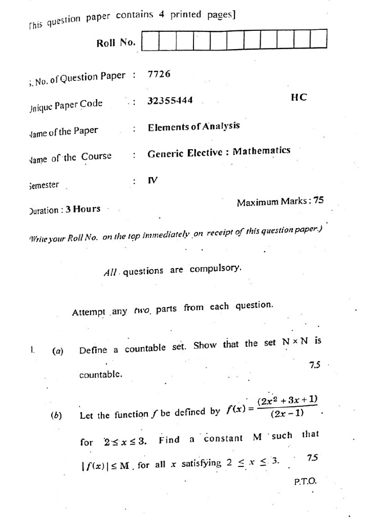 GE IV - PYQ Paper 3 - Elements Analysis For Sem IV For GE Mathematics Uploaded by Navdeep Raghav ...