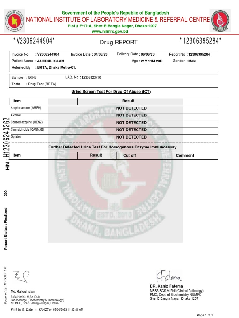 BRTA Drug Test Report for Jahidul Islam | PDF | Clinical Medicine ...