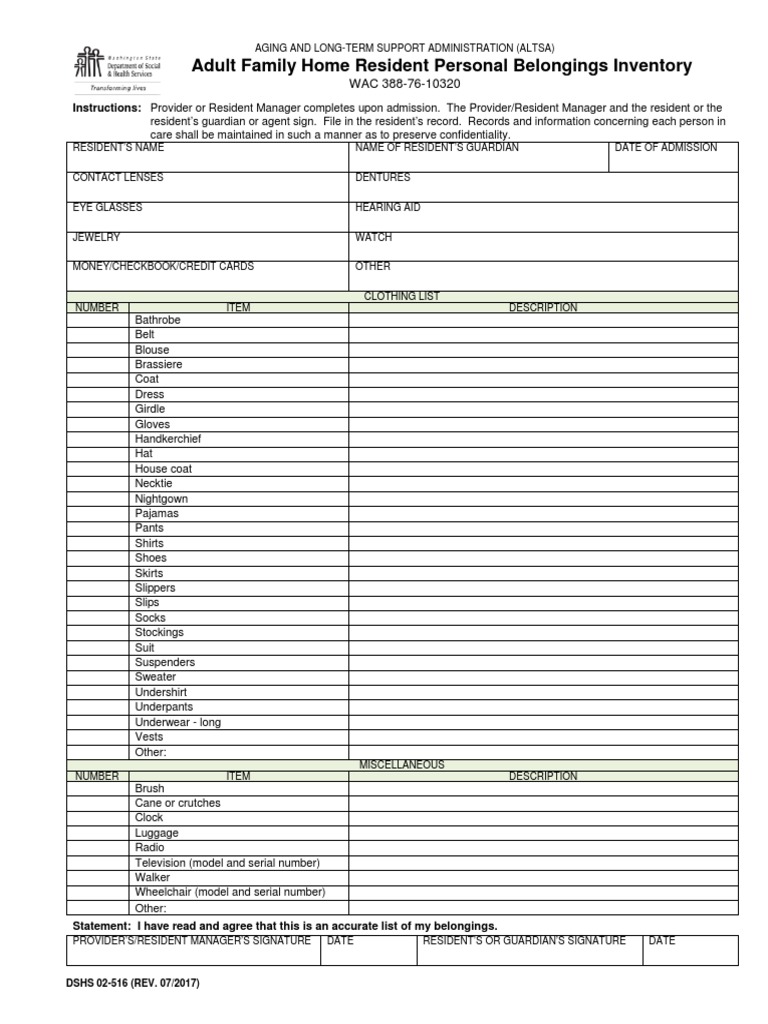 Adult Family Home Resident Personal Belongings Inventory | PDF