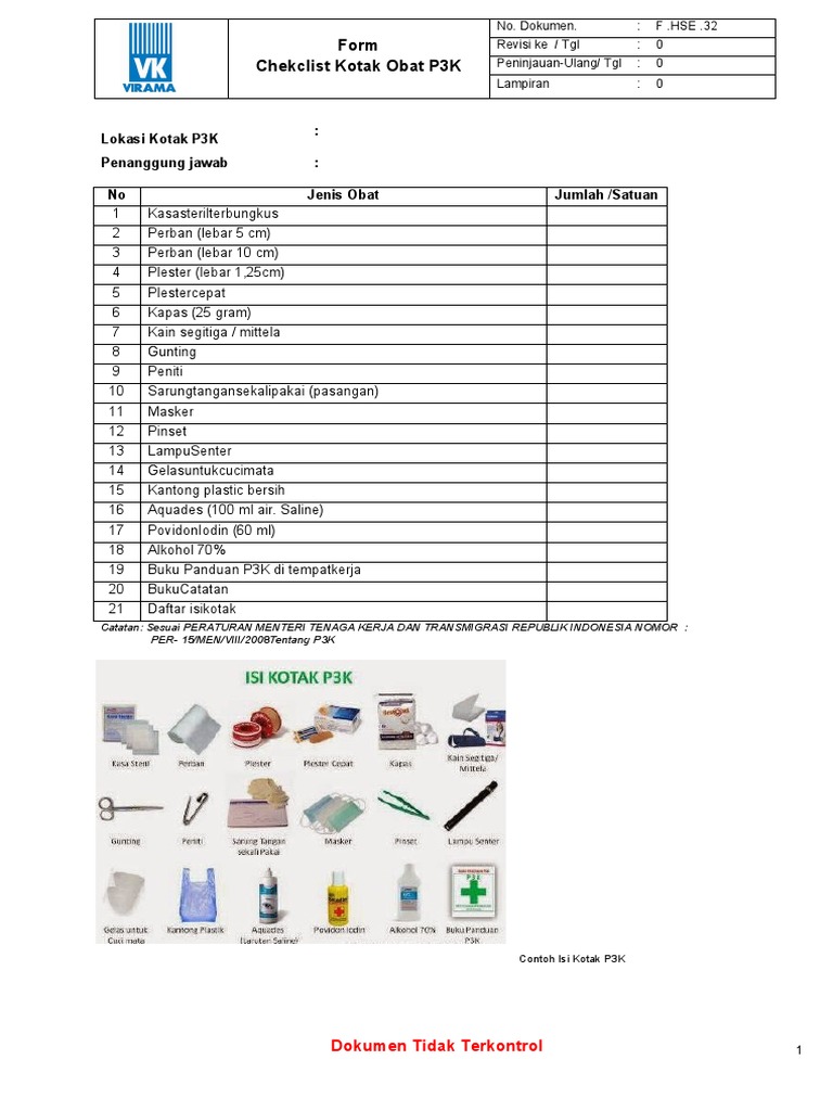 F - HSE - 32 - Checklist Form Kotak P3K | PDF | Kesehatan Holistik ...