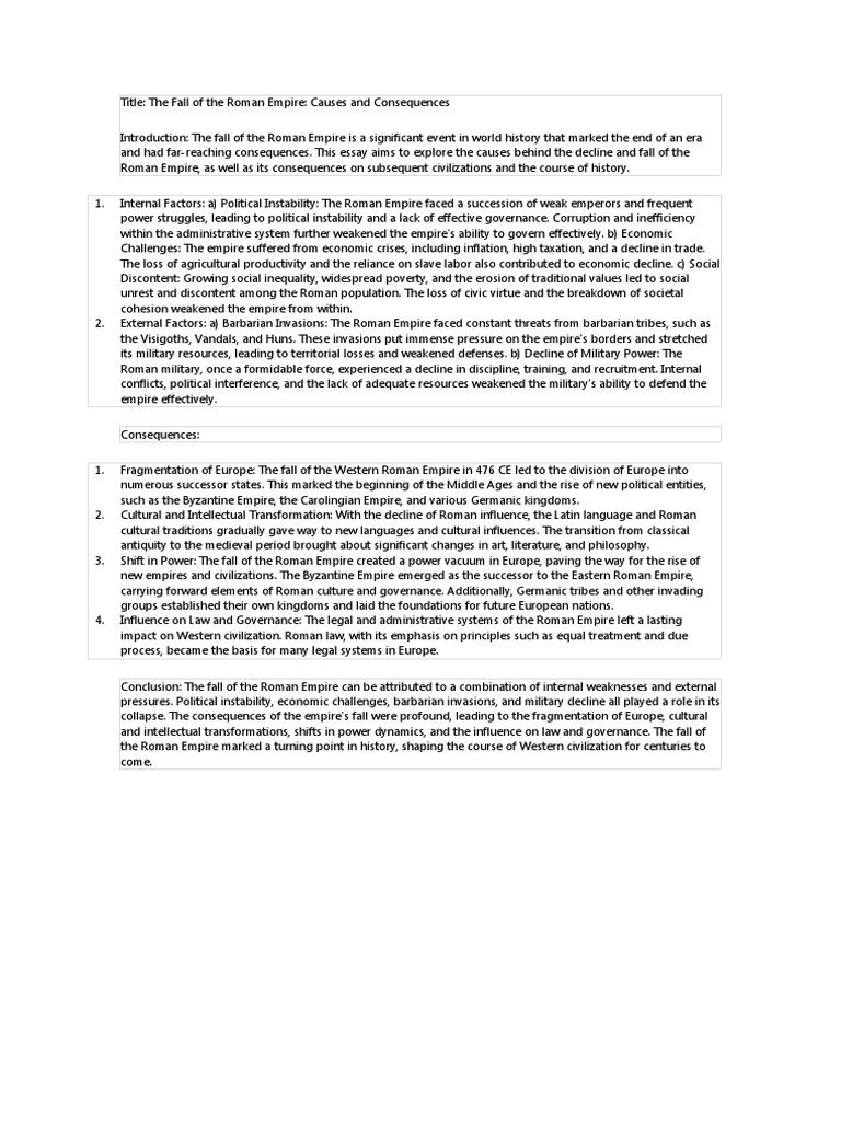 The Fall of The Roman Empire Causes and Consequences | PDF | Politics ...