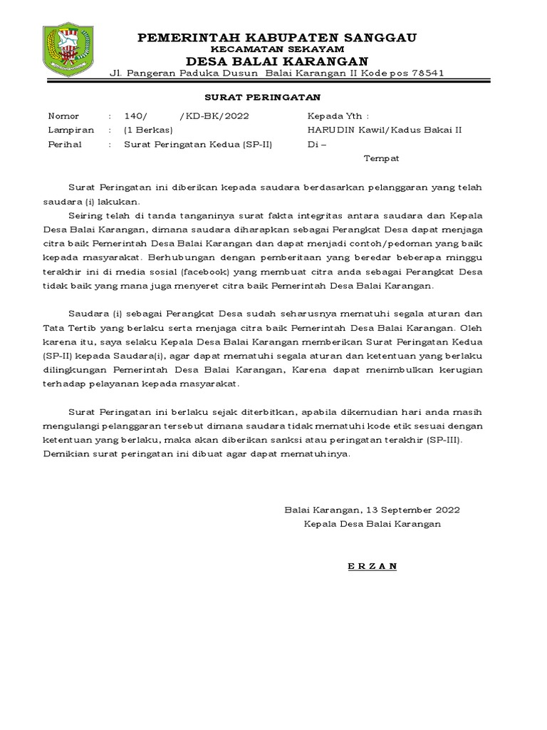 Surat Peringatan Kedua Perangkat Desa | PDF