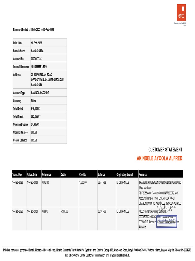 Akindele Ayoola Alfred: Customer Statement | PDF | Payments | Personal Finance