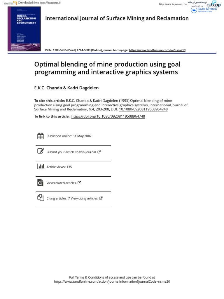 Optimal Blending of Mine Production Using Goal Programming and Interactive Graphics Systems ...