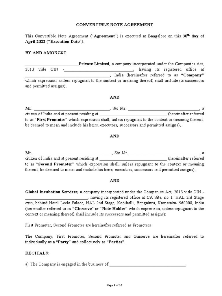 Convertible Note Agreement - SkillDzire | PDF | Indemnity | Securities ...