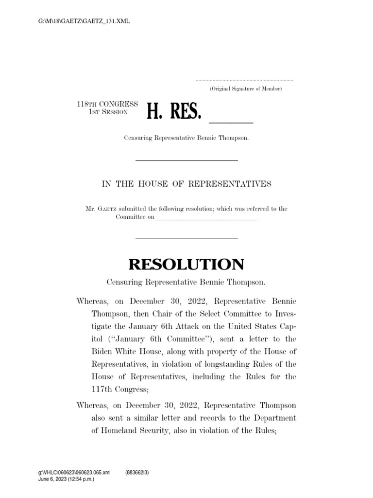 Matt Gaetz Brings Resolution To Censure Bennie Thompson | PDF | United ... Matt Gaetz Brings Resolution To Censure Bennie Thompson | PDF | United ...