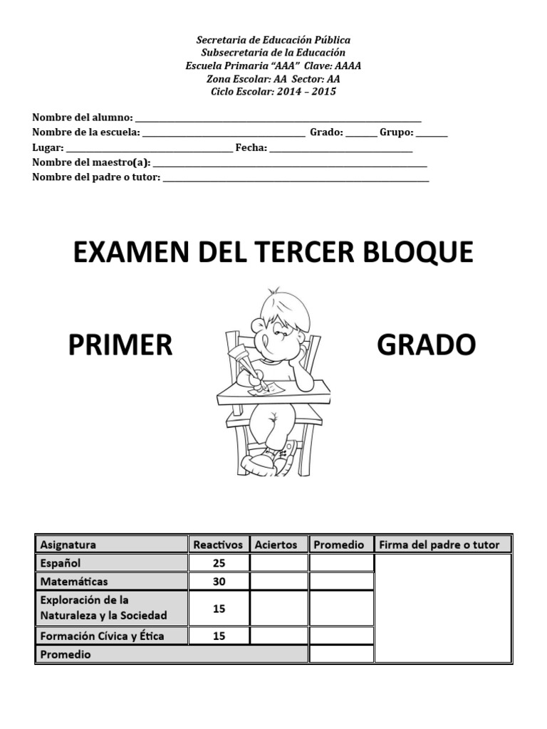 Examen Primer Grado Tercer Bloque | PDF