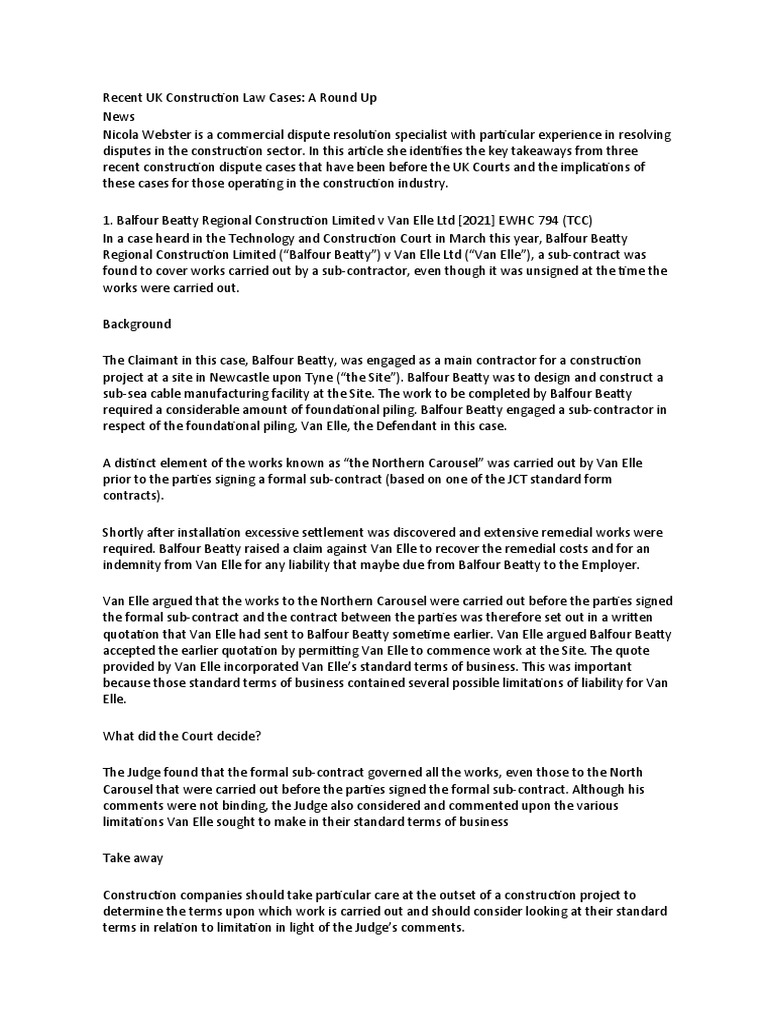 Recent UK Construction Law Cases Summary | PDF | Liquidated Damages ...