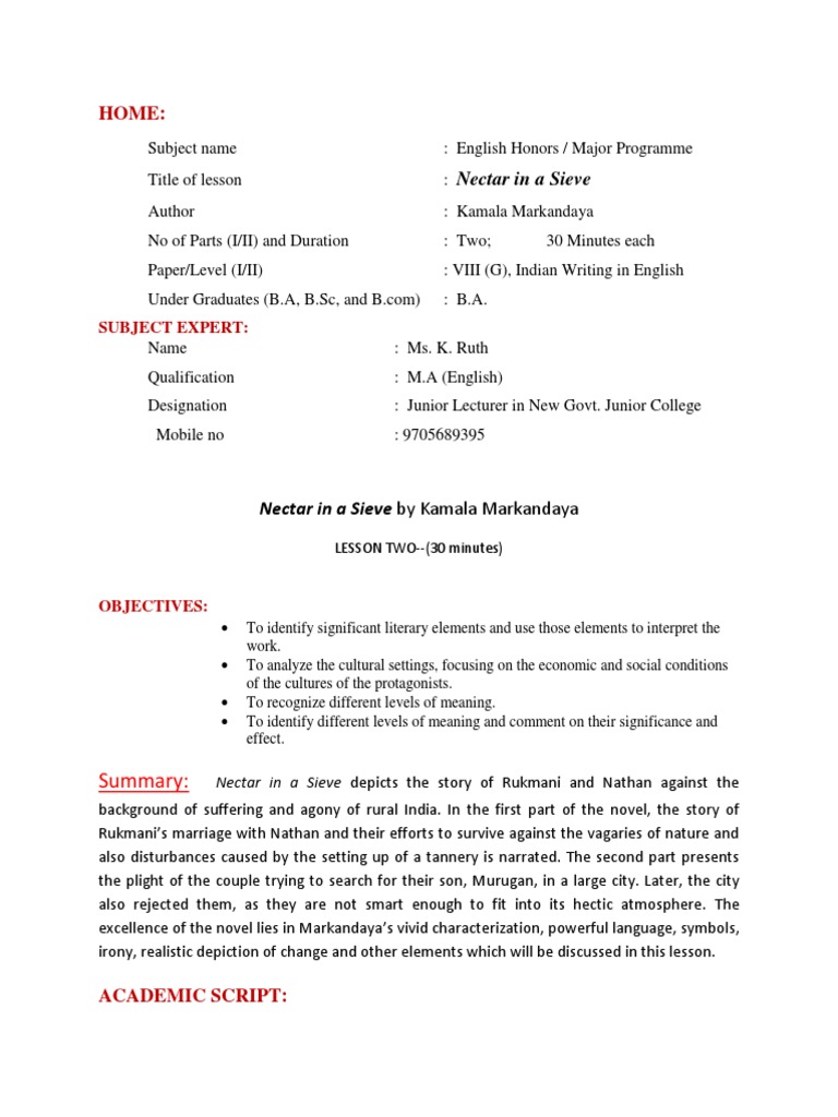 Nectar in A Sieve by Kamala Markandaya - Part - 2200225111102024848 | PDF