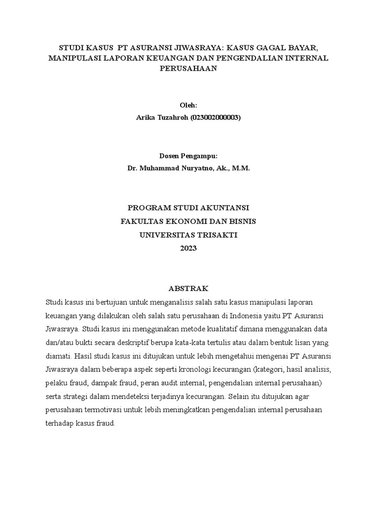 Studi Kasus PT Jiwasraya - Arika Tuzahroh - 023002000003 | PDF | Bisnis | Pengelolaan Keuangan ...