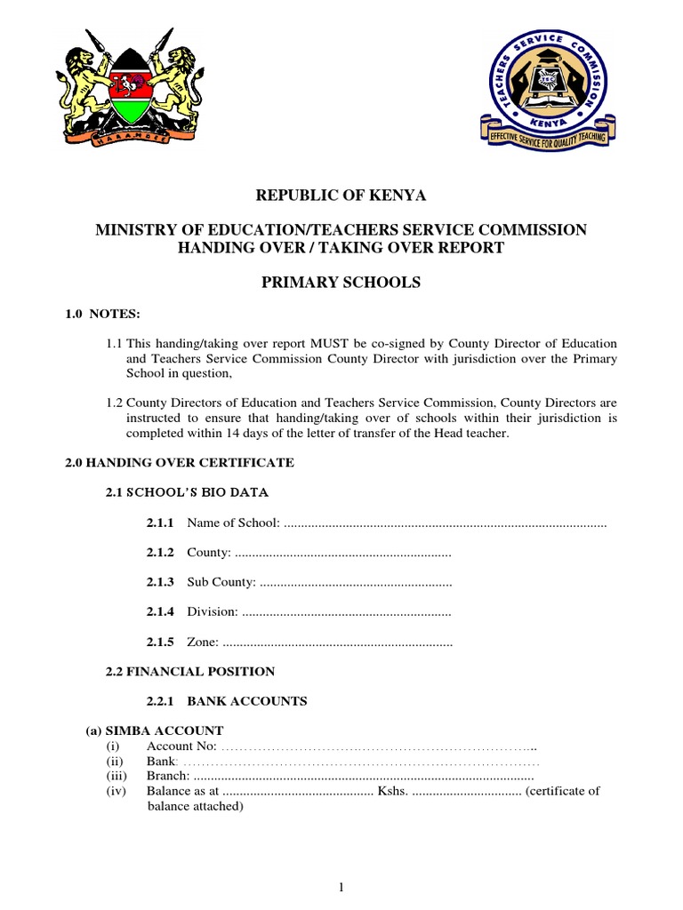 TSC Moe Handing Over Taking Over Form Primary Schools | PDF | Cheque ...