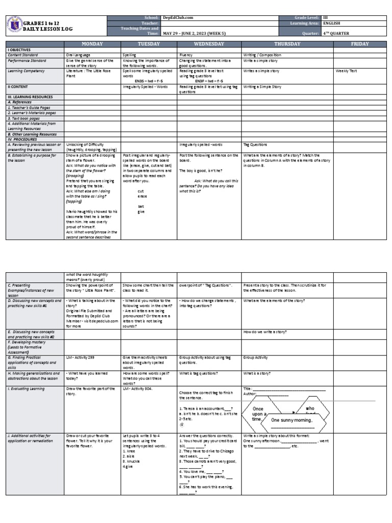 DLL - English 3 - Q4 - W5 | PDF