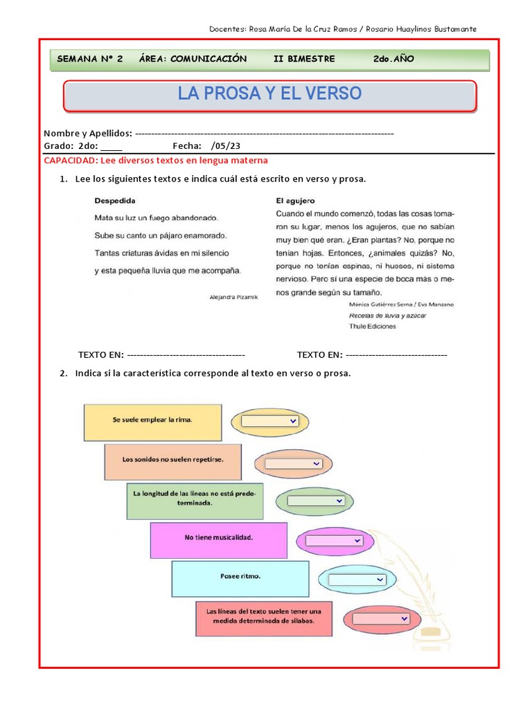 Prosa y verso: Actividades para 2do grado | PDF | Estudios de idiomas ...