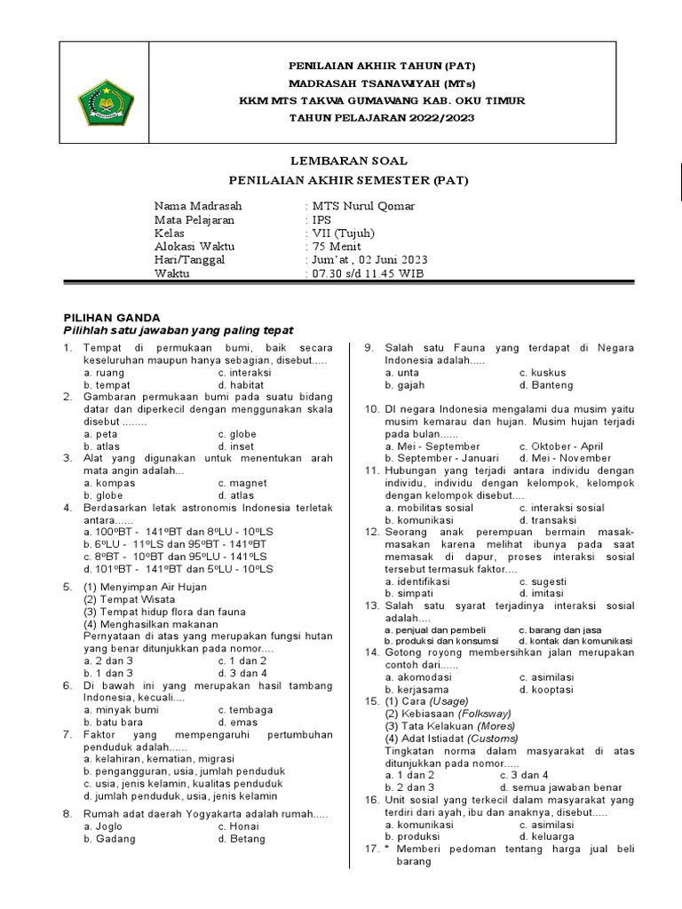 Soal PAT IPS Kelas VII Tahun 2022-2023 | PDF
