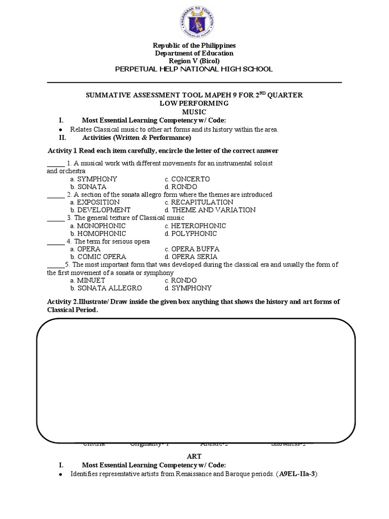 Summative Assessment Tool Mapeh 9 For 2ND Quarter 9 | PDF