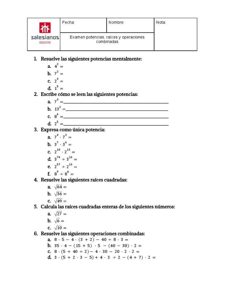 Examen Potencias, Raíces y Operaciones Combinadas (1ºESO Matemáticas) | PDF
