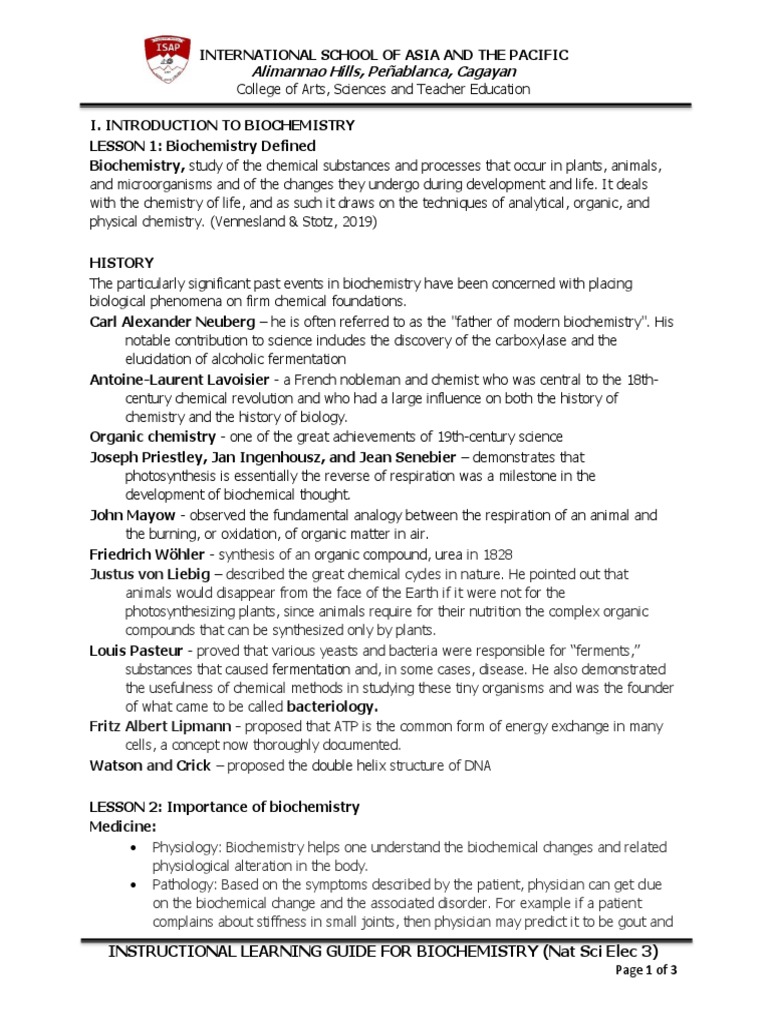 Lecture Outline in Biochemistry Chapter I | PDF | Biochemistry | Chemistry