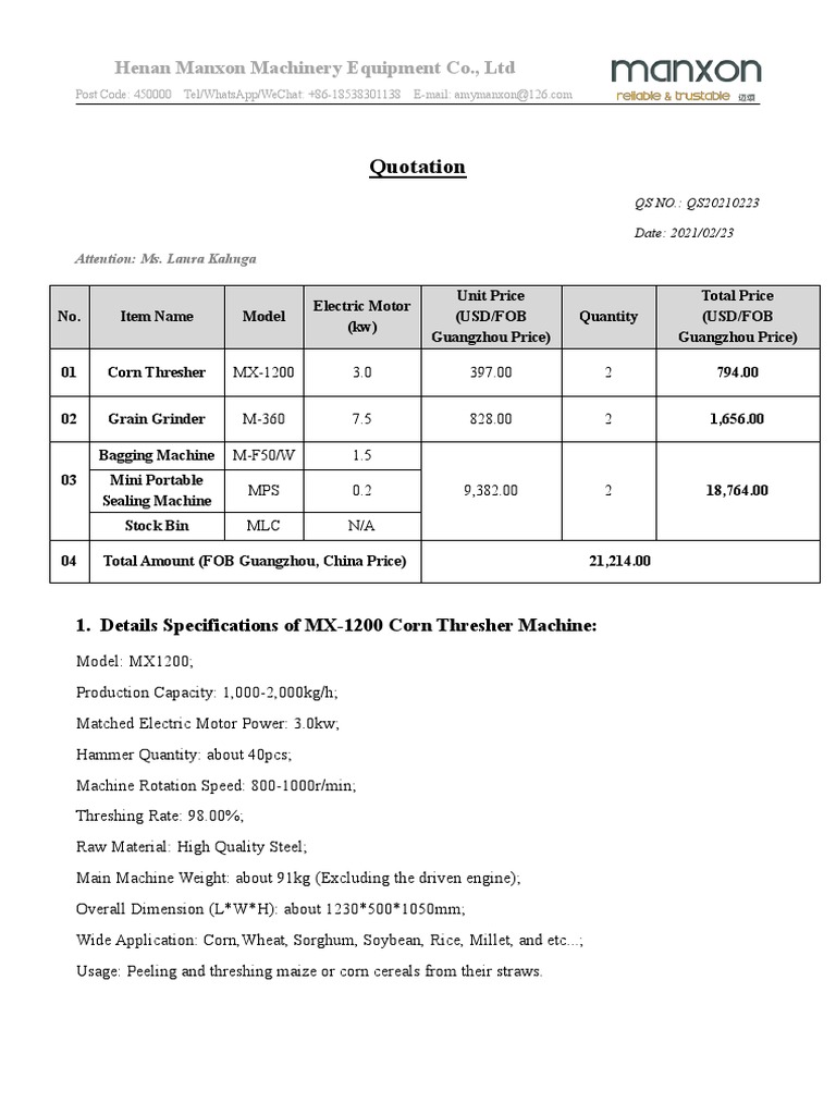Details Specification and Quotation of All Your Required Machines From ...