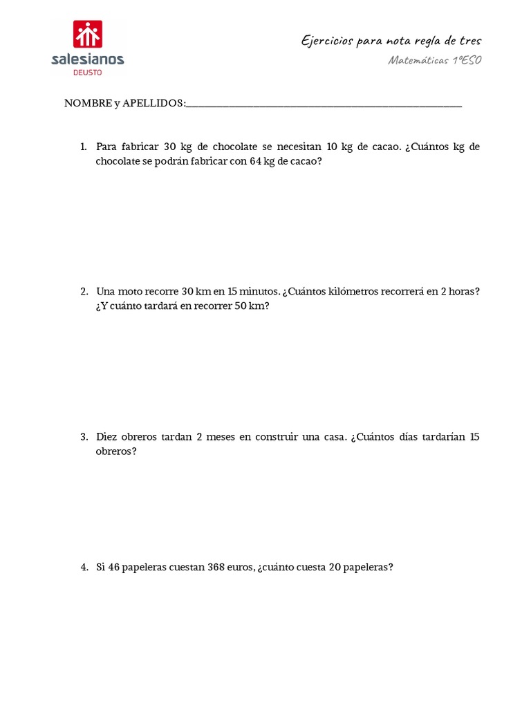 Ejercicios de Regla de Tres (1ºESO Matemáticas) | PDF