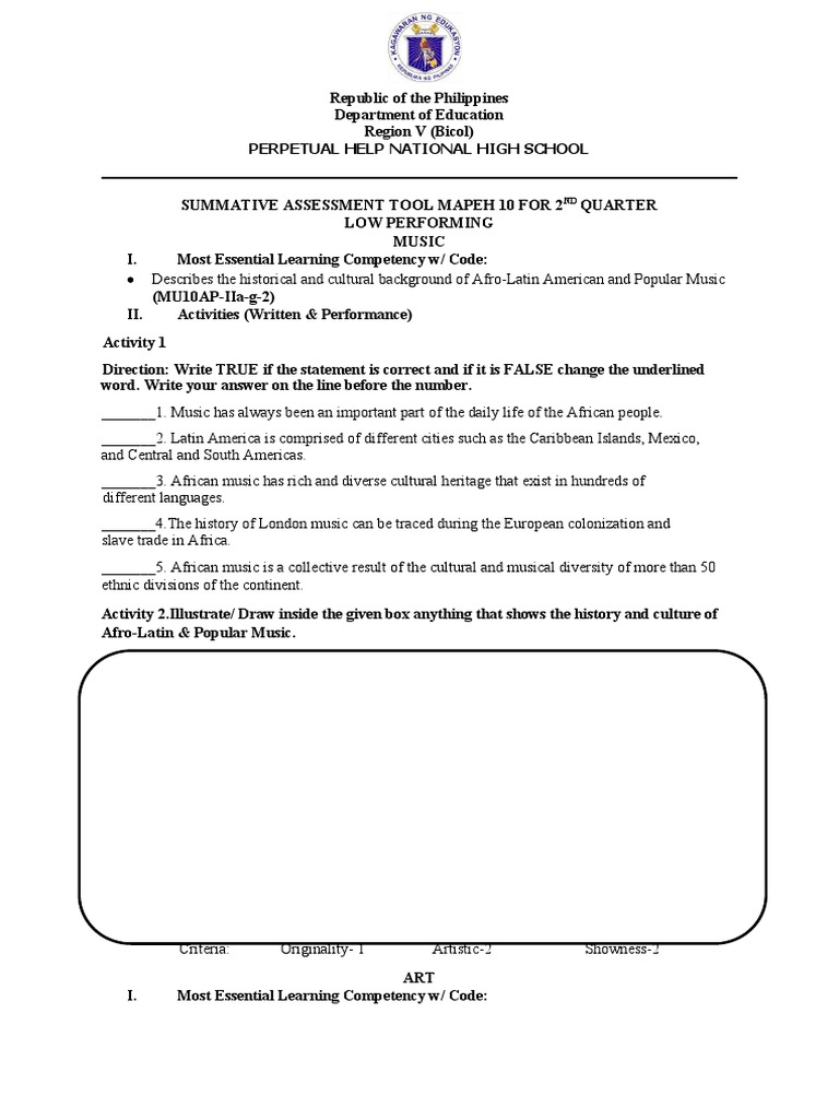 Summative Assessment Tool Mapeh 10 For 2ND Quarter | PDF