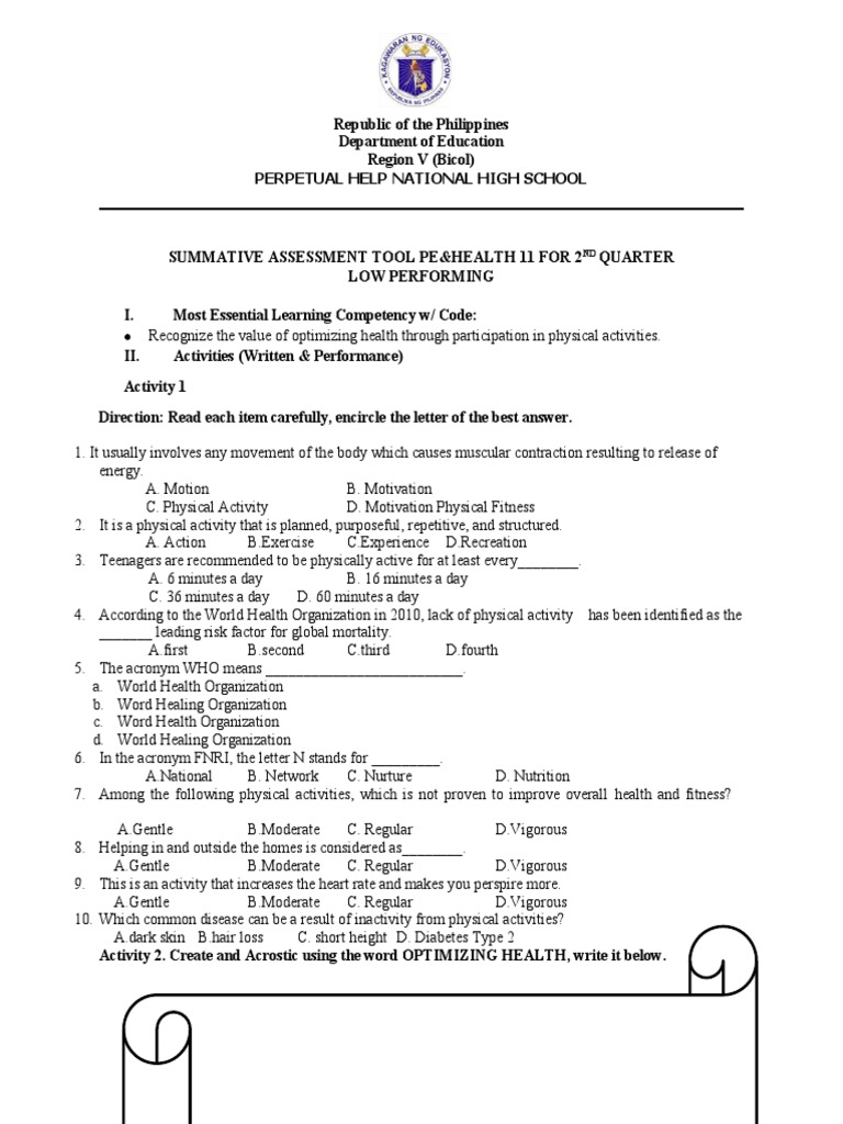 Summative Assessment Tool Pe11 | PDF | Physical Fitness | World Health ...