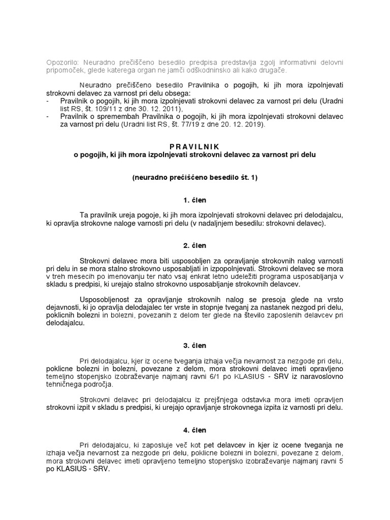 Pravilnik o Pogojih, Ki Jih Mora Izpolnjevati Strokovni Delavec Za Varnost Pri Delu | PDF