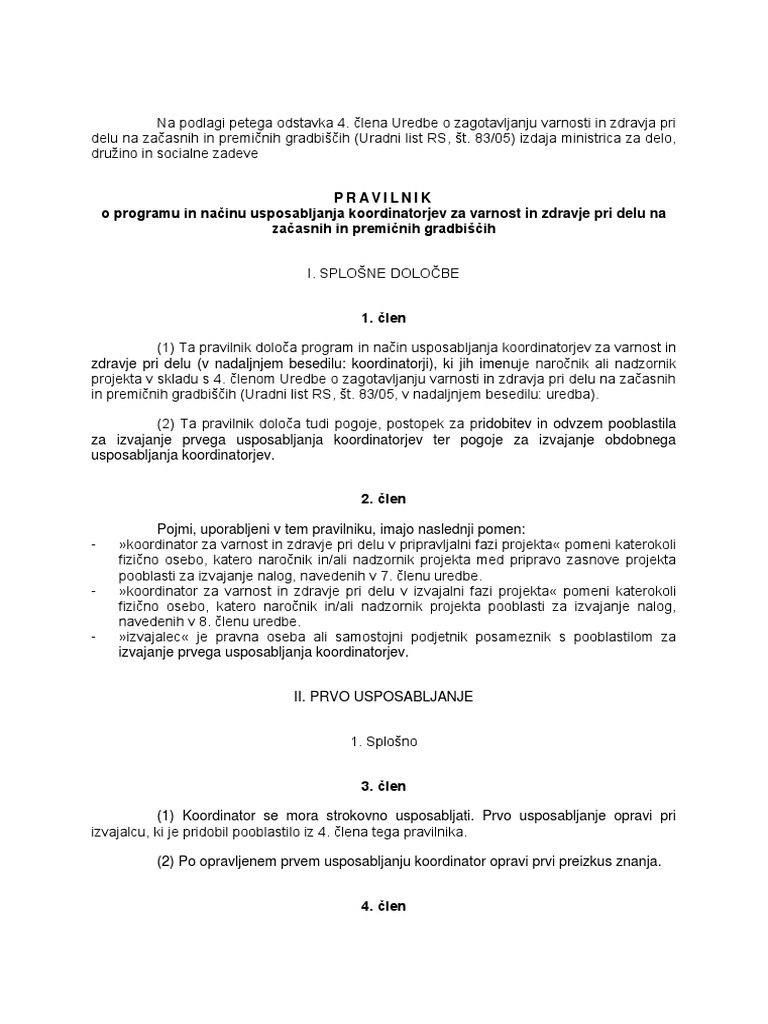 Pravilnik o Programu in Načinu Usposabljanja Koordinatorjev Za Varnost in Zdravje Pri Delu Na ...