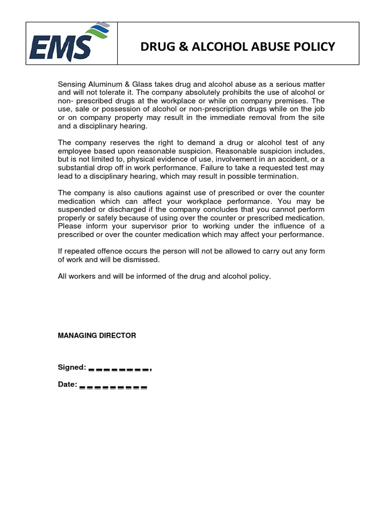 Drug & Alcohol Policy for Workplace | PDF