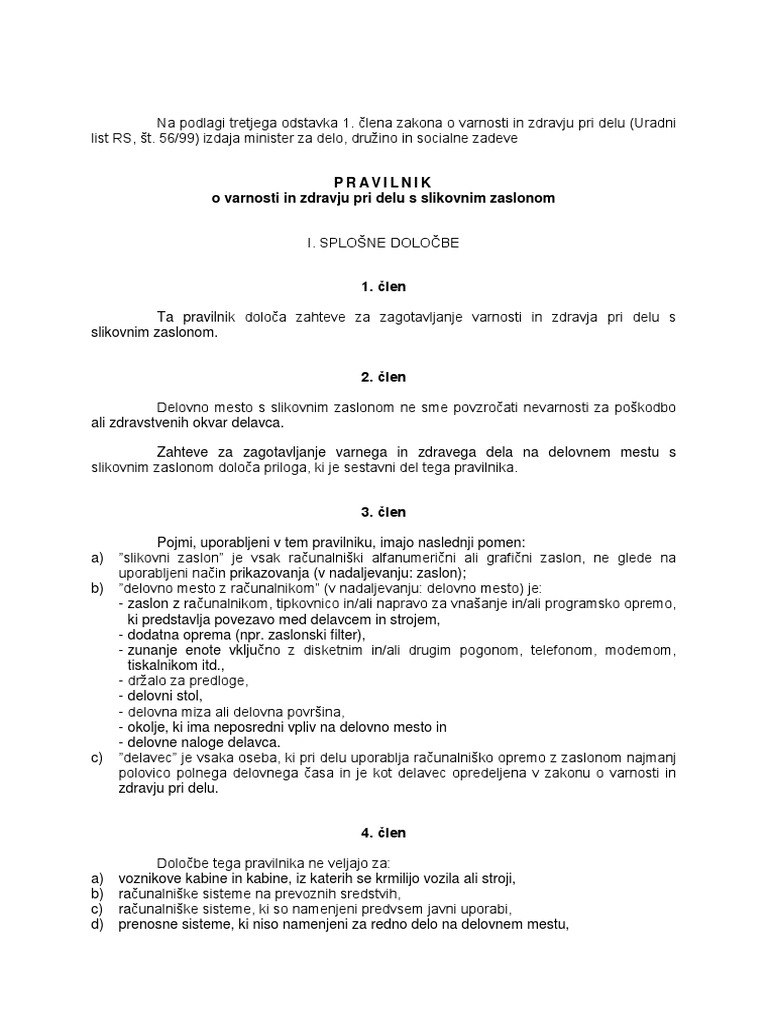Pravilnik o Varnosti in Zdravju Pri Delu S Slikovnim Zaslonom | PDF