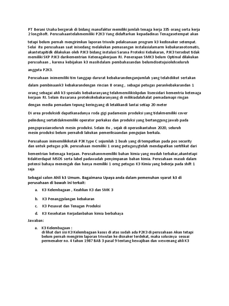 Contoh Soal Studi Kasus K3 Perusahaan | PDF | Bisnis | Komputer