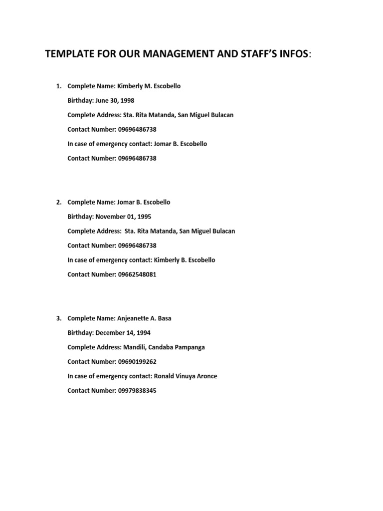 Template For Our Management and Staff | PDF