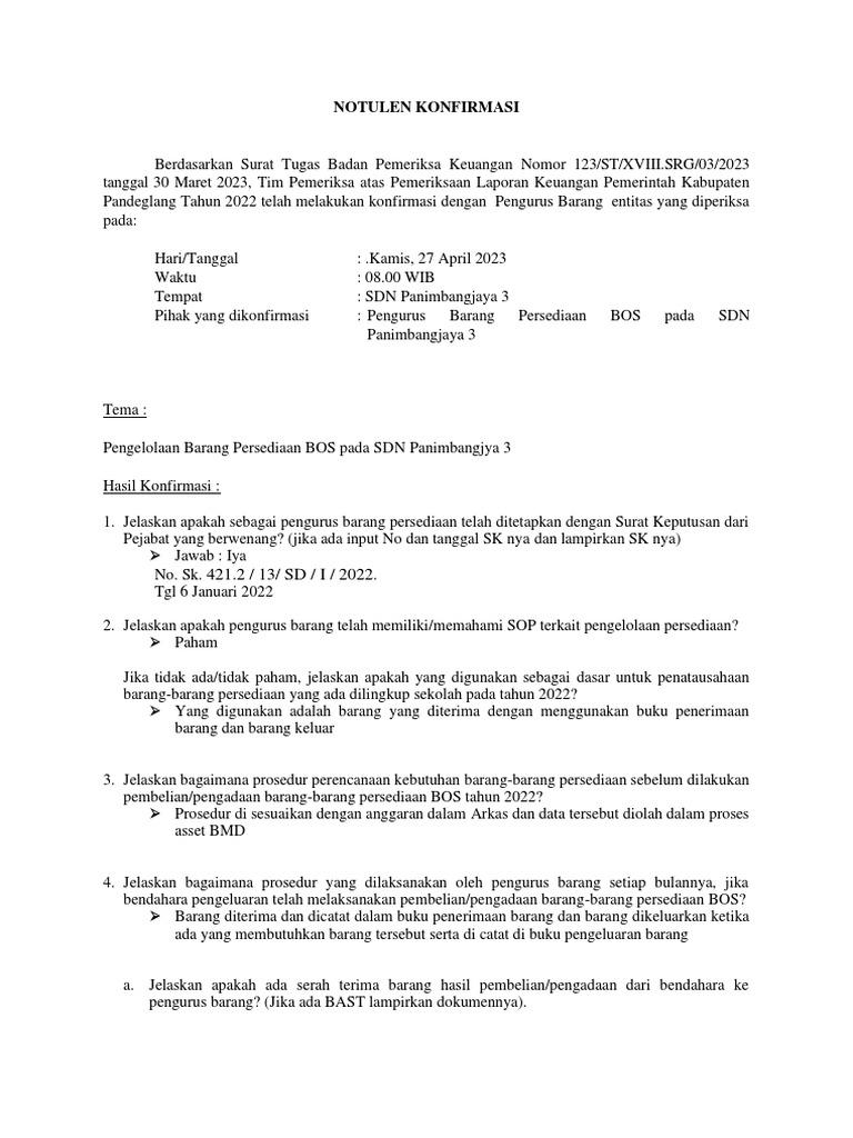 Notulen Konfirmasi Persediaan BOS Revisi 27042023 | PDF