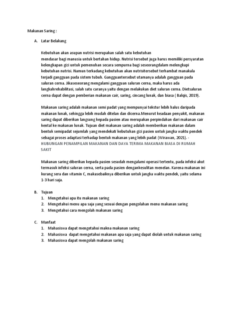 Menu Makanan Saring untuk Pasien | PDF