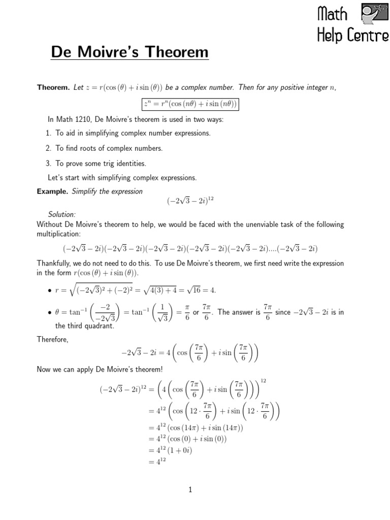 De Moivres Theorem Pdf Square Root Complex Number