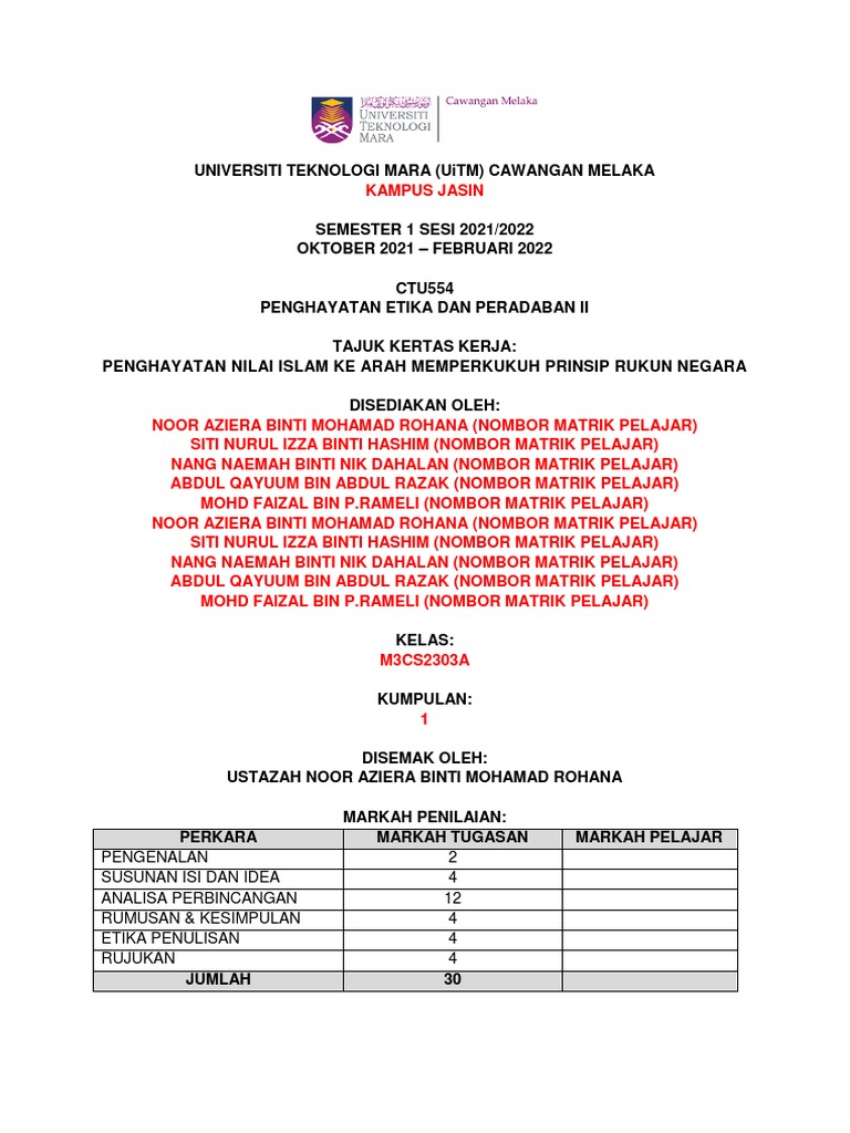 2 CTH KK PENGHAYATAN NILAI ISLAM KE ARAH MEMPERKUKUH PRINSIP RUKUN | PDF