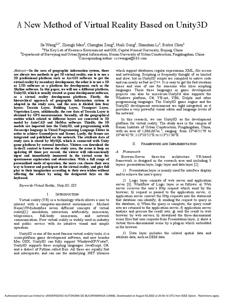 A New Method of Virtual Reality Based On Unity3D | PDF | Unity (Game Engine) | 3 D Computer Graphics