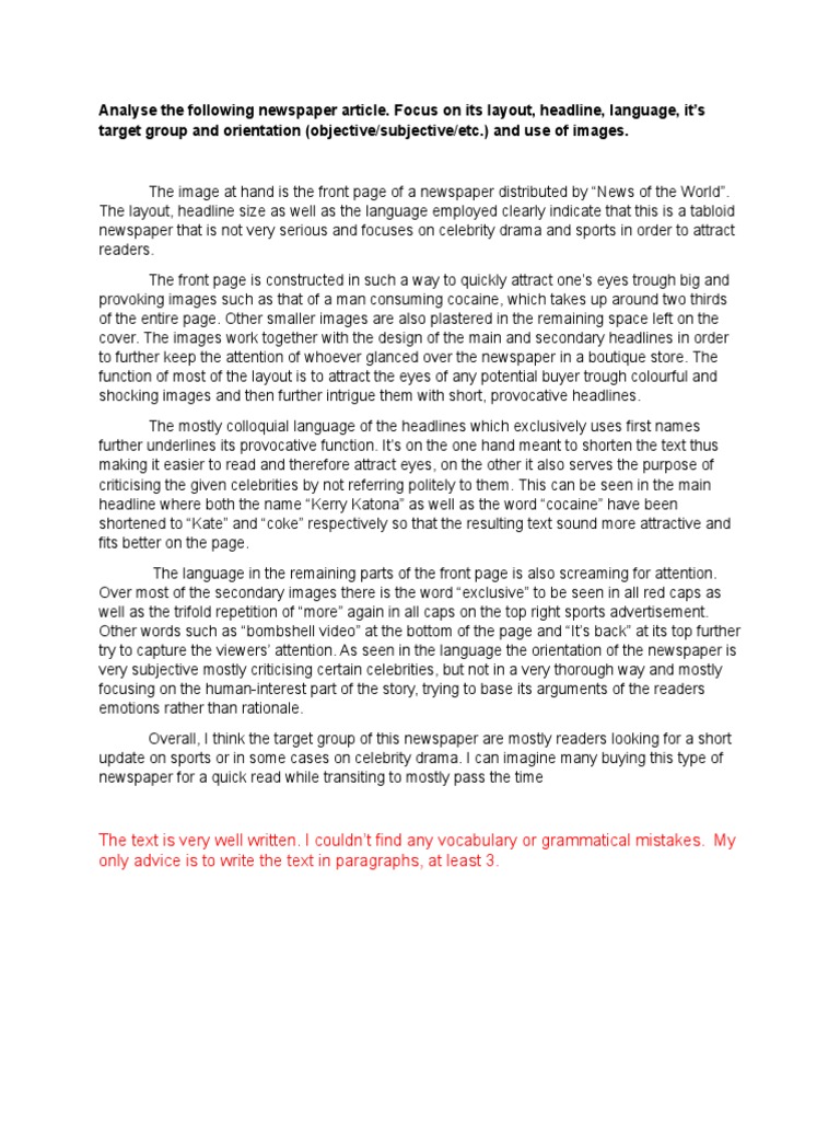 Analysing A Newspaper Article | PDF | Newspapers | Linguistics