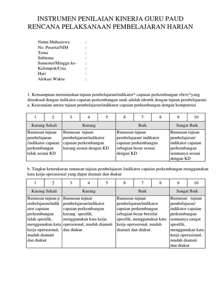 Instrumen PG Paud RPP | PDF | Karier & Perkembangan