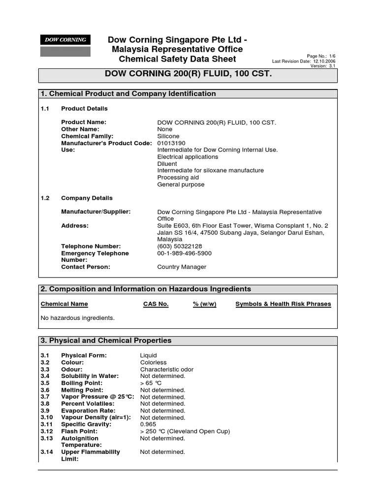 Dow Corning 200 Fluid Safety Data Sheet | PDF | Fires | Firefighting