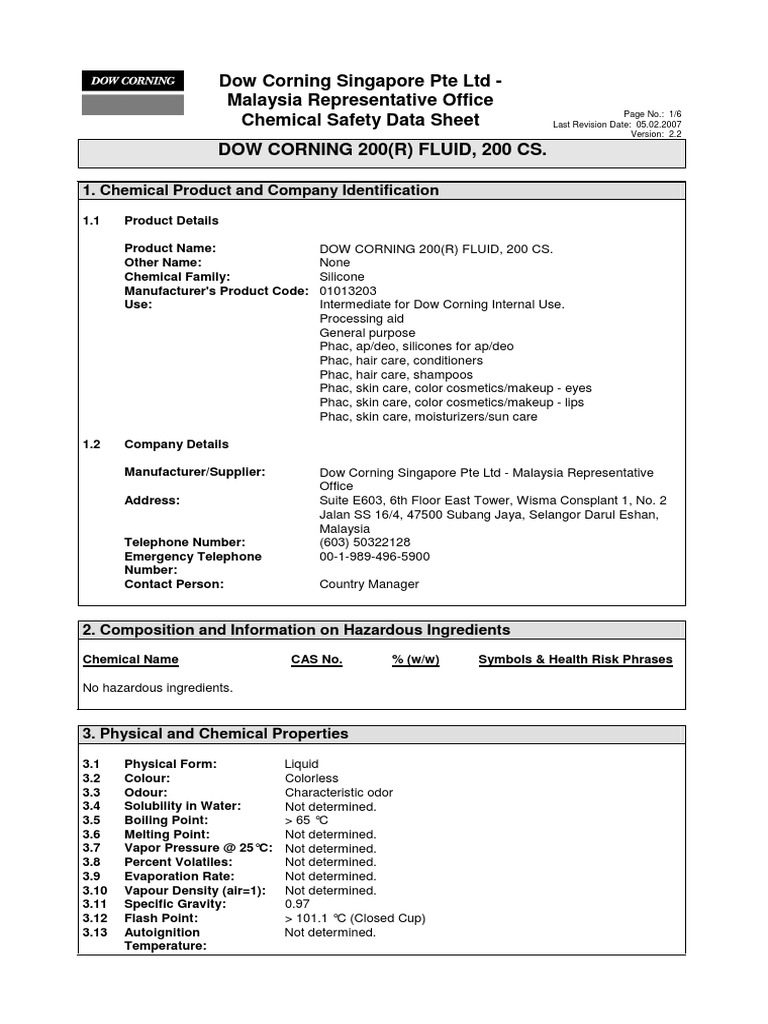 DC200 Silicone Fluid 200cs MSDS | PDF | Fires | Sewage Treatment