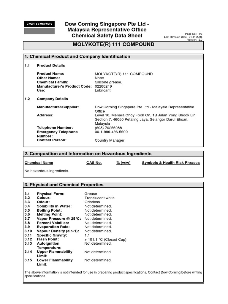 Chemical Safety Guide for MOLYKOTE 111 | PDF | Firefighting | Hazards
