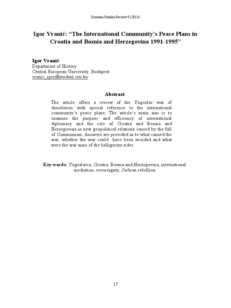 Igor Vranić the International Community’s Peace Plans | PDF | Croatia