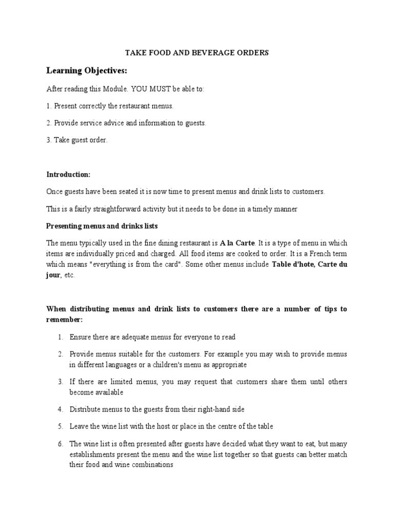 Take Food and Beverage Orders | PDF