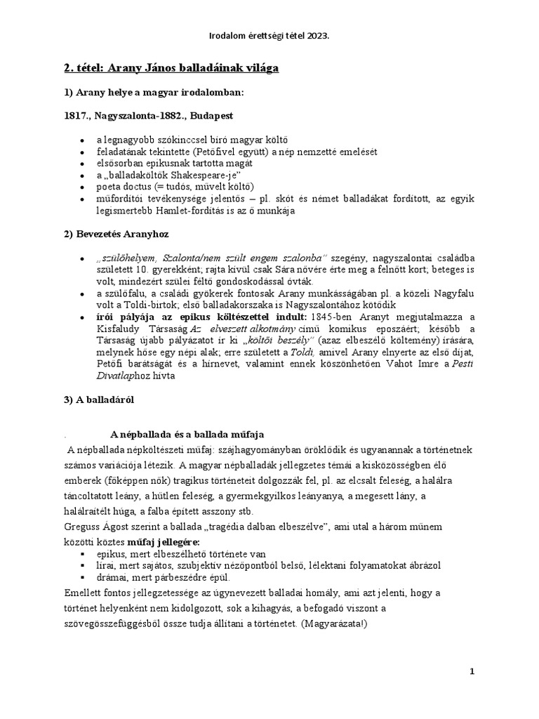 2. tétel Arany János balladáinak világa | PDF