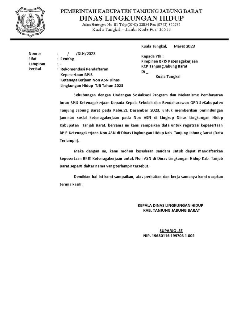Surat Rekomendasi BPJSTK | PDF