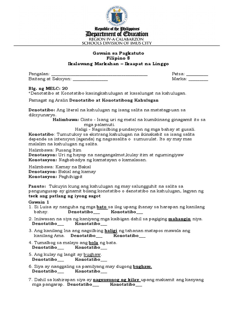 Gawain Sa Pagkatuto Filipino 8 Ikalawang Markahan - Ikaapat Na Linggo | PDF