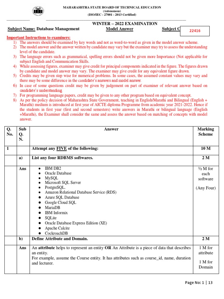 Database Management Exam Model Answers | PDF | Computers