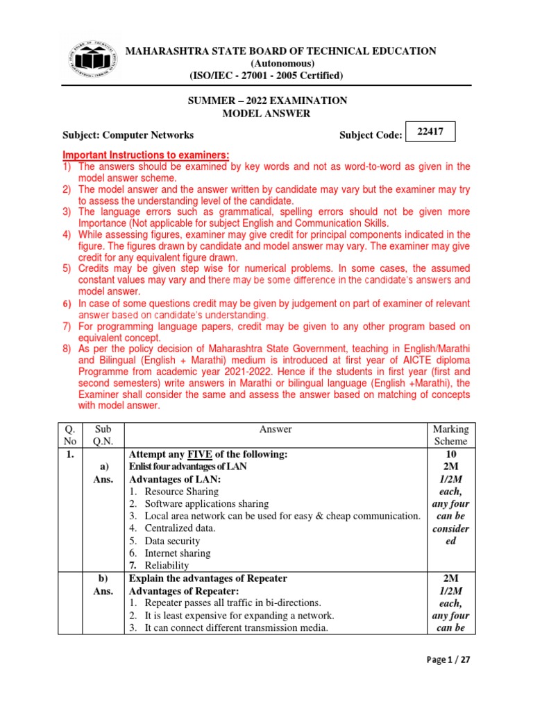 Important Instructions To Examiners:: Enlist Four Advantages of LAN ...