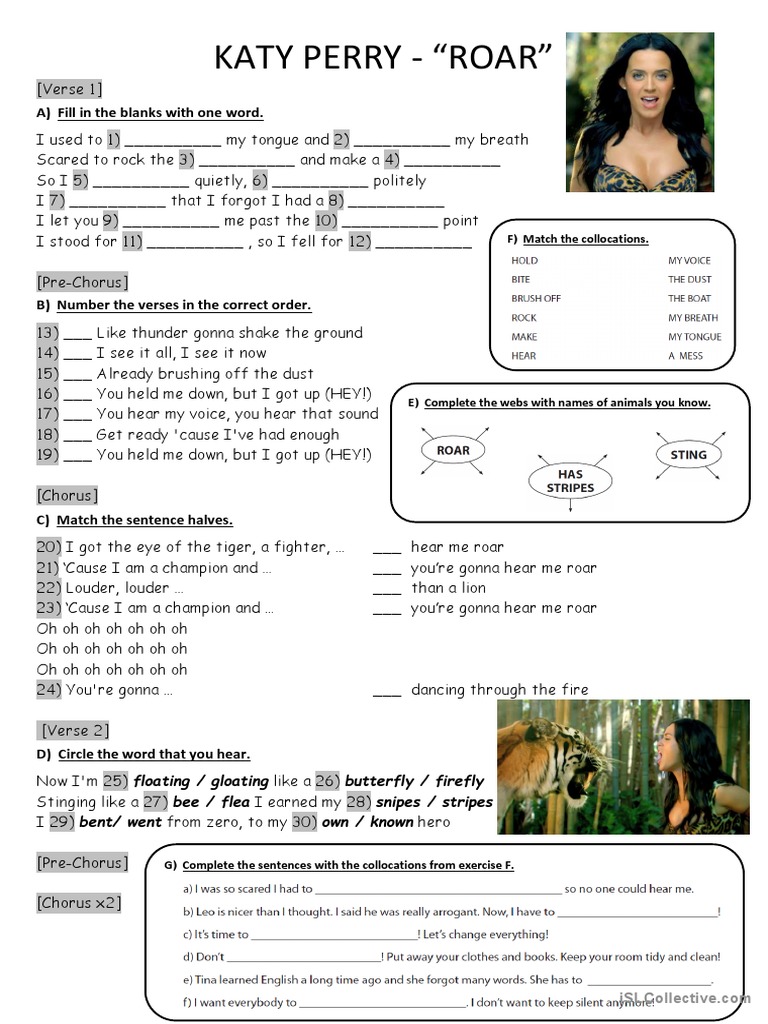 Roar - by Katy Perry - Song Worksheet | PDF | Song Structure | Musical ...